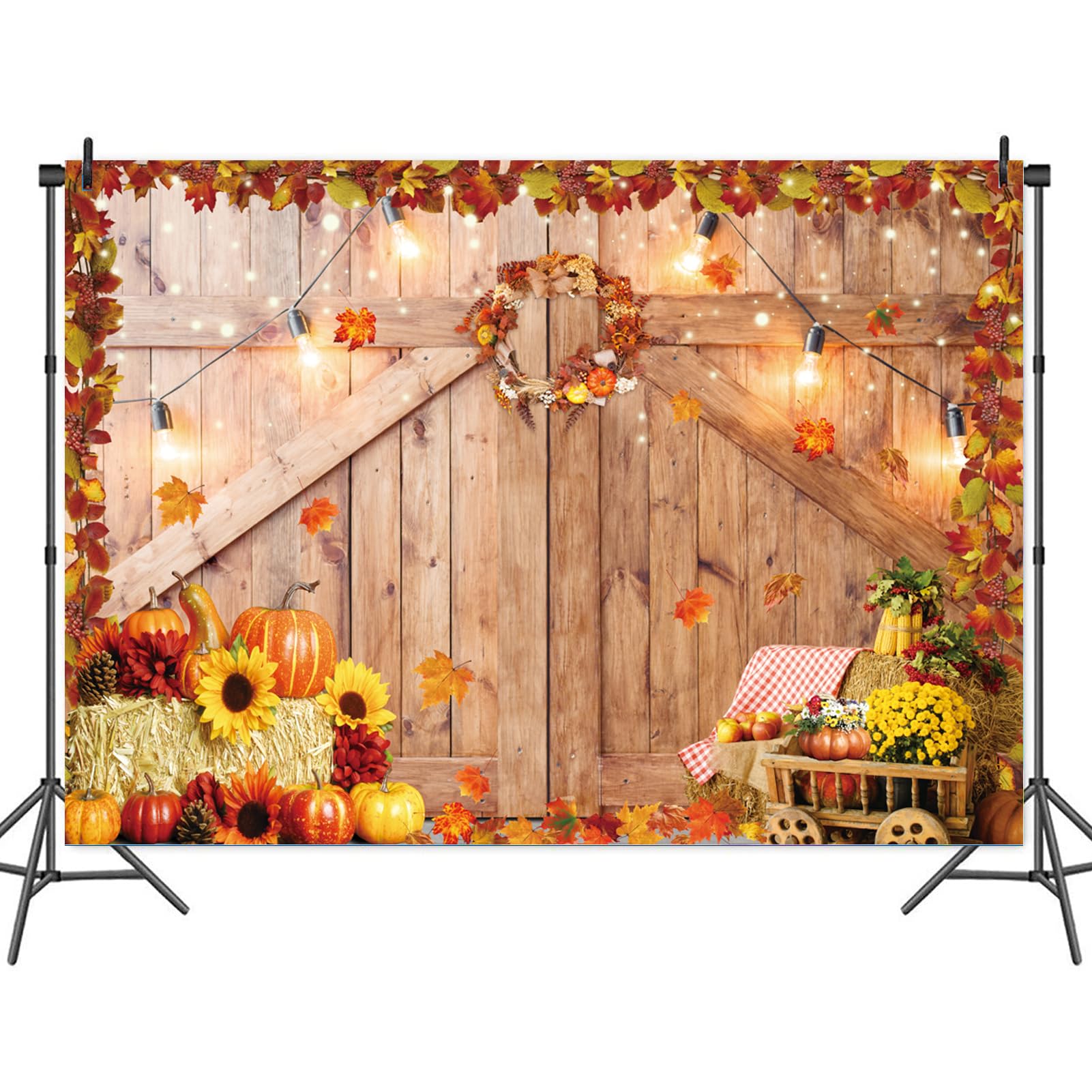 Fall Harvest Barn Backdrop Autumn Thanksgiving Wooden Farm Door Photography Background Rustic Pumpkin Maple Leaves Baby Shower Birthday Party Decorations Supplies 7x5FT