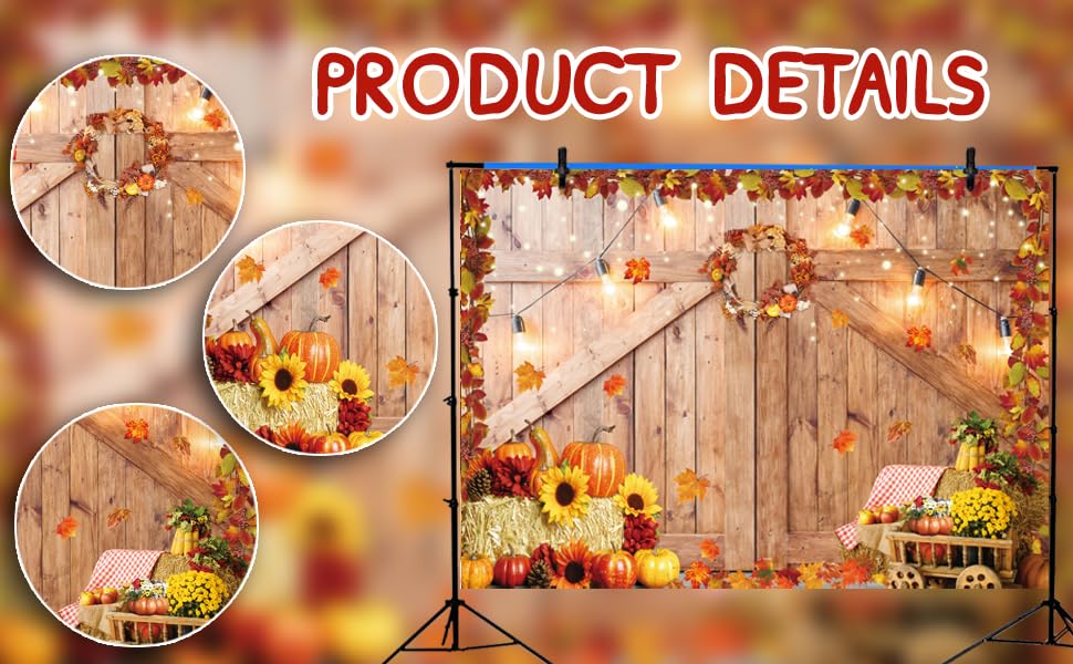 Fall Harvest Barn Backdrop Autumn Thanksgiving Wooden Farm Door Photography Background Rustic Pumpkin Maple Leaves Baby Shower Birthday Party Decorations Supplies 7x5FT