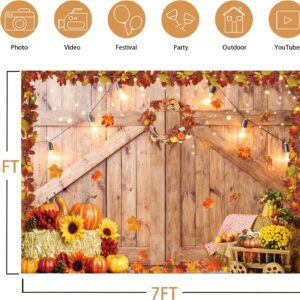 Fall Harvest Barn Backdrop Autumn Thanksgiving Wooden Farm Door Photography Background Rustic Pumpkin Maple Leaves Baby Shower Birthday Party Decorations Supplies 7x5FT