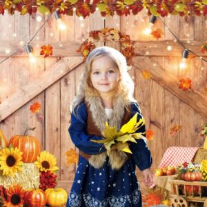 Fall Harvest Barn Backdrop Autumn Thanksgiving Wooden Farm Door Photography Background Rustic Pumpkin Maple Leaves Baby Shower Birthday Party Decorations Supplies 7x5FT