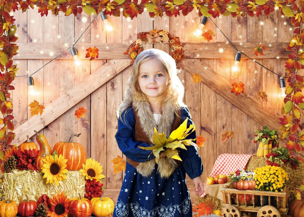 Fall Harvest Barn Backdrop Autumn Thanksgiving Wooden Farm Door Photography Background Rustic Pumpkin Maple Leaves Baby Shower Birthday Party Decorations Supplies 7x5FT