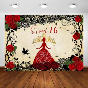 avezano sweet 16 backdrop retro rose gothic princess theme birthday party decorations black and red 16th birthday photography background girls bar mitzvah crown photo booth banner (7x5ft)