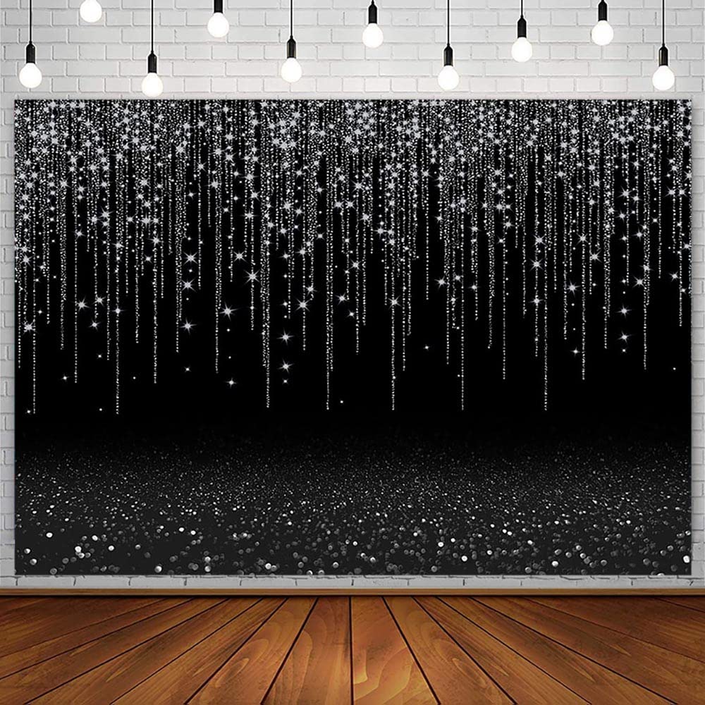 Sendy 7x5ft Black and Silver Glitter Bokeh Backdrop Birthday Party Decorations for Adult Kids Photography Background Silver Black Sparkle Wedding Prom Bday Party Decor Banner Photo Shoot Studio Props