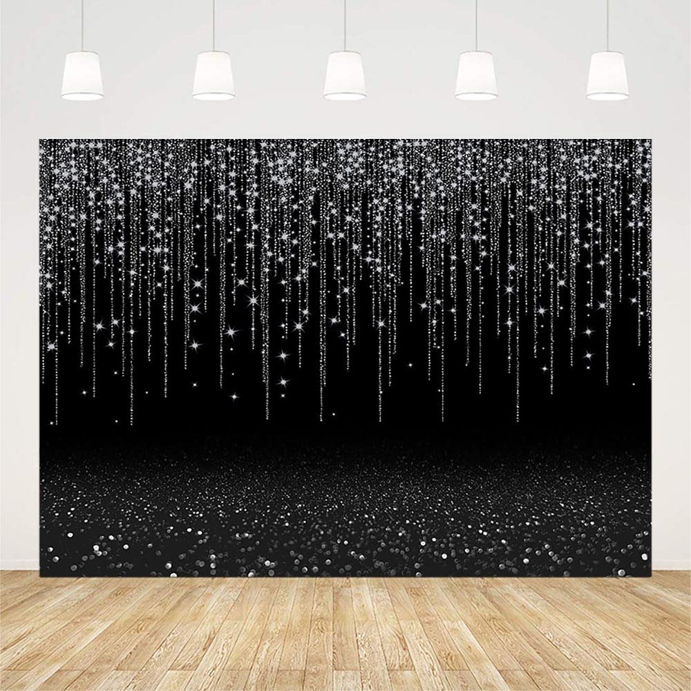 Sendy 7x5ft Black and Silver Glitter Bokeh Backdrop Birthday Party Decorations for Adult Kids Photography Background Silver Black Sparkle Wedding Prom Bday Party Decor Banner Photo Shoot Studio Props