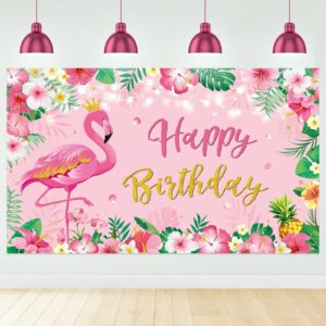 preboun flamingo birthday party decoration backdrop 3.6 x 6 ft summer tropical hawaiian background flower flamingo photography for luau aloha happy birthday party photo props booth supplies