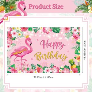 Preboun Flamingo Birthday Party Decoration Backdrop 3.6 x 6 ft Summer Tropical Hawaiian Background Flower Flamingo Photography for Luau Aloha Happy Birthday Party Photo Props Booth Supplies