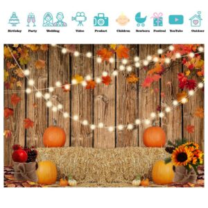 SJOLOON Fall Pumpkin Backdrop Wood Floor with Fall Leaves Background Thanksgiving Day Photo Backdrop for Baby Shower Party Decoration Studio Props 12344 (8x6FT)