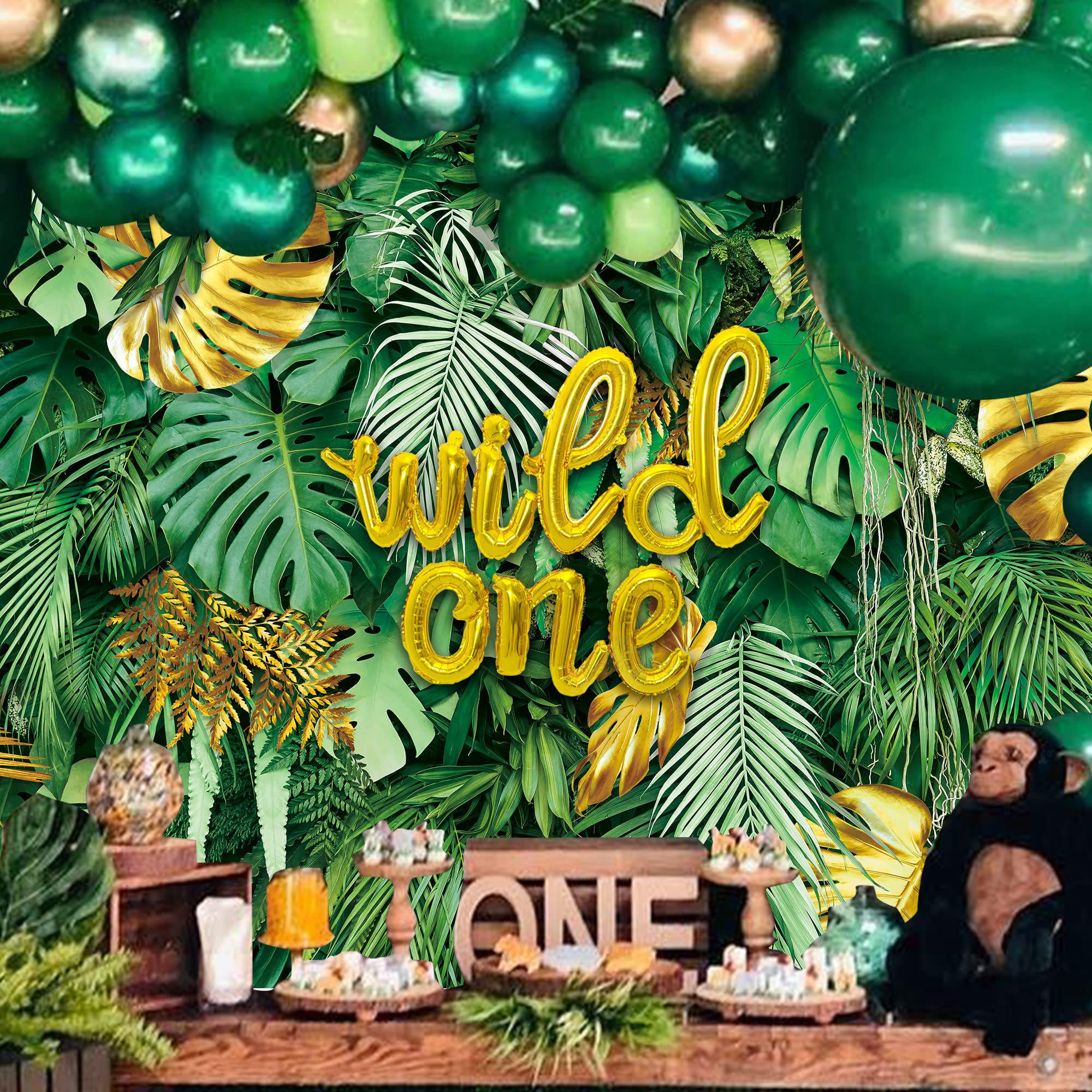 Riyidecor Jungle Green Tropical Palm Leaves Backdrop Polyester Fabric Golden Leaf Plants Safari Nature Summer Hawaiian 7Wx5H Feet Photography Background for Birthday Baby Shower Photo Studio Shoot