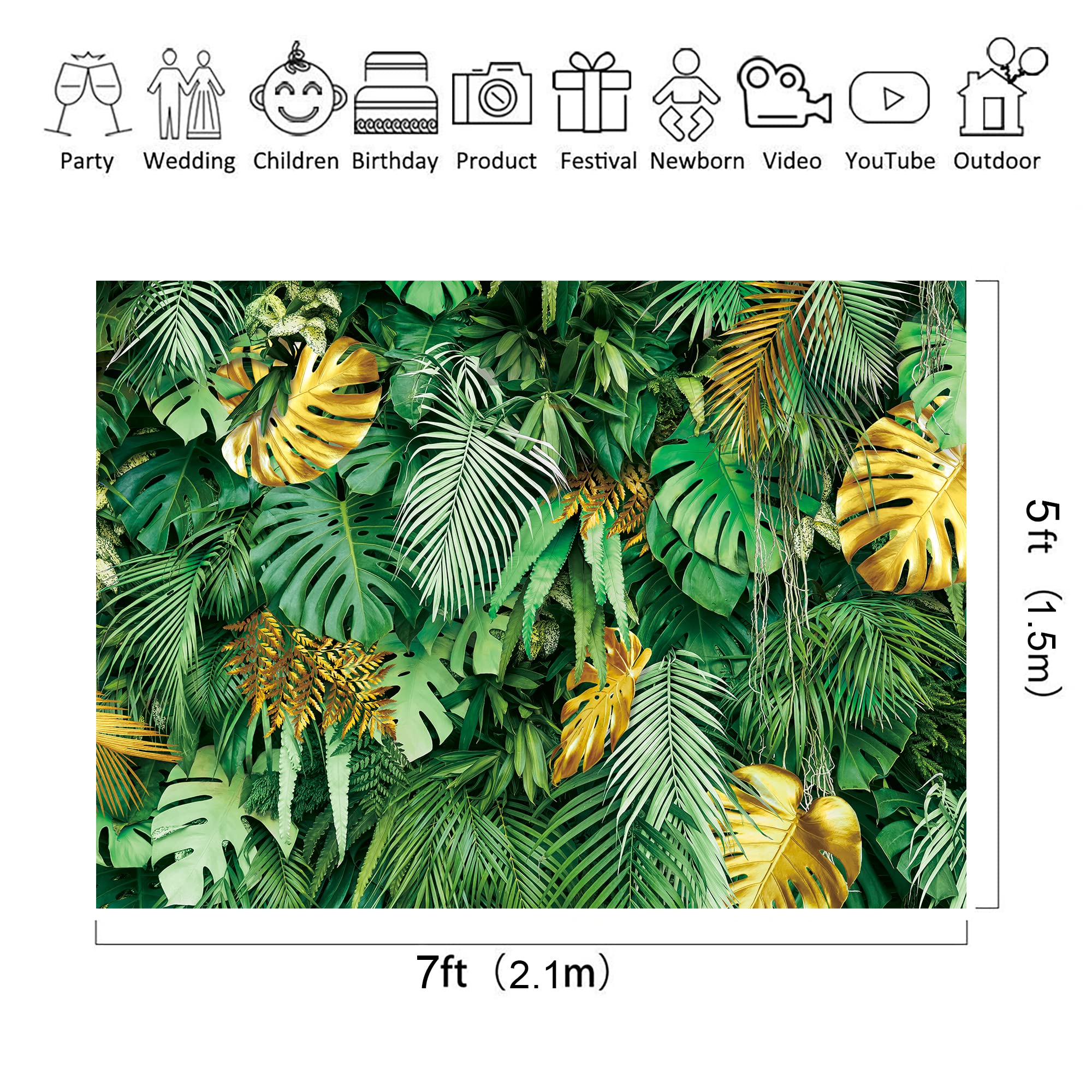 Riyidecor Jungle Green Tropical Palm Leaves Backdrop Polyester Fabric Golden Leaf Plants Safari Nature Summer Hawaiian 7Wx5H Feet Photography Background for Birthday Baby Shower Photo Studio Shoot