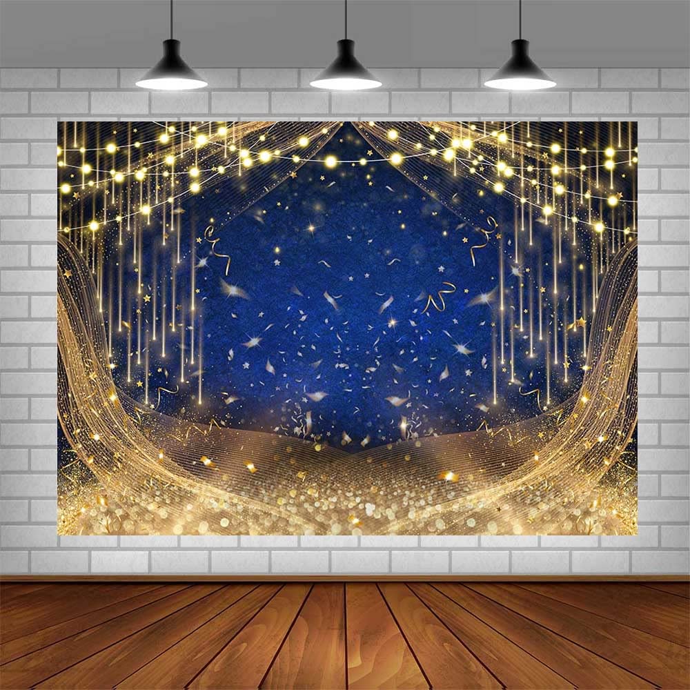 AIBIIN 7x5ft Royal Blue and Gold Party Photo Backdrop Gold Dripping Glitter Bridal Shower Photography Background Wedding Birthday Bachelorette Graduation Prom Party Decorations Banner