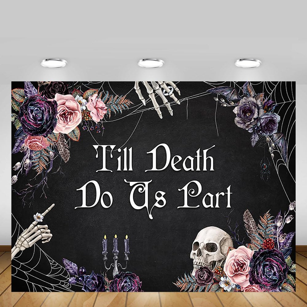 MEHOFOND 7x5ft Halloween Till Death Do Us Part Backdrop Couple Wedding Bachelorette Party Decoration Supplies Skull Mr and Mrs Bridal Shower Bride and Groom Background Banner Photo Studio Props