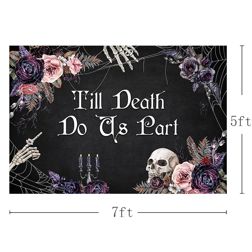 MEHOFOND 7x5ft Halloween Till Death Do Us Part Backdrop Couple Wedding Bachelorette Party Decoration Supplies Skull Mr and Mrs Bridal Shower Bride and Groom Background Banner Photo Studio Props