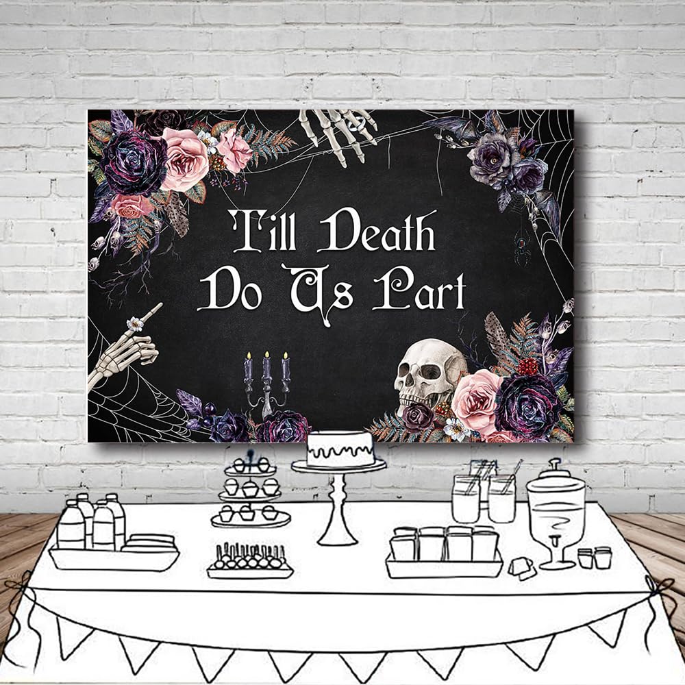 MEHOFOND 7x5ft Halloween Till Death Do Us Part Backdrop Couple Wedding Bachelorette Party Decoration Supplies Skull Mr and Mrs Bridal Shower Bride and Groom Background Banner Photo Studio Props