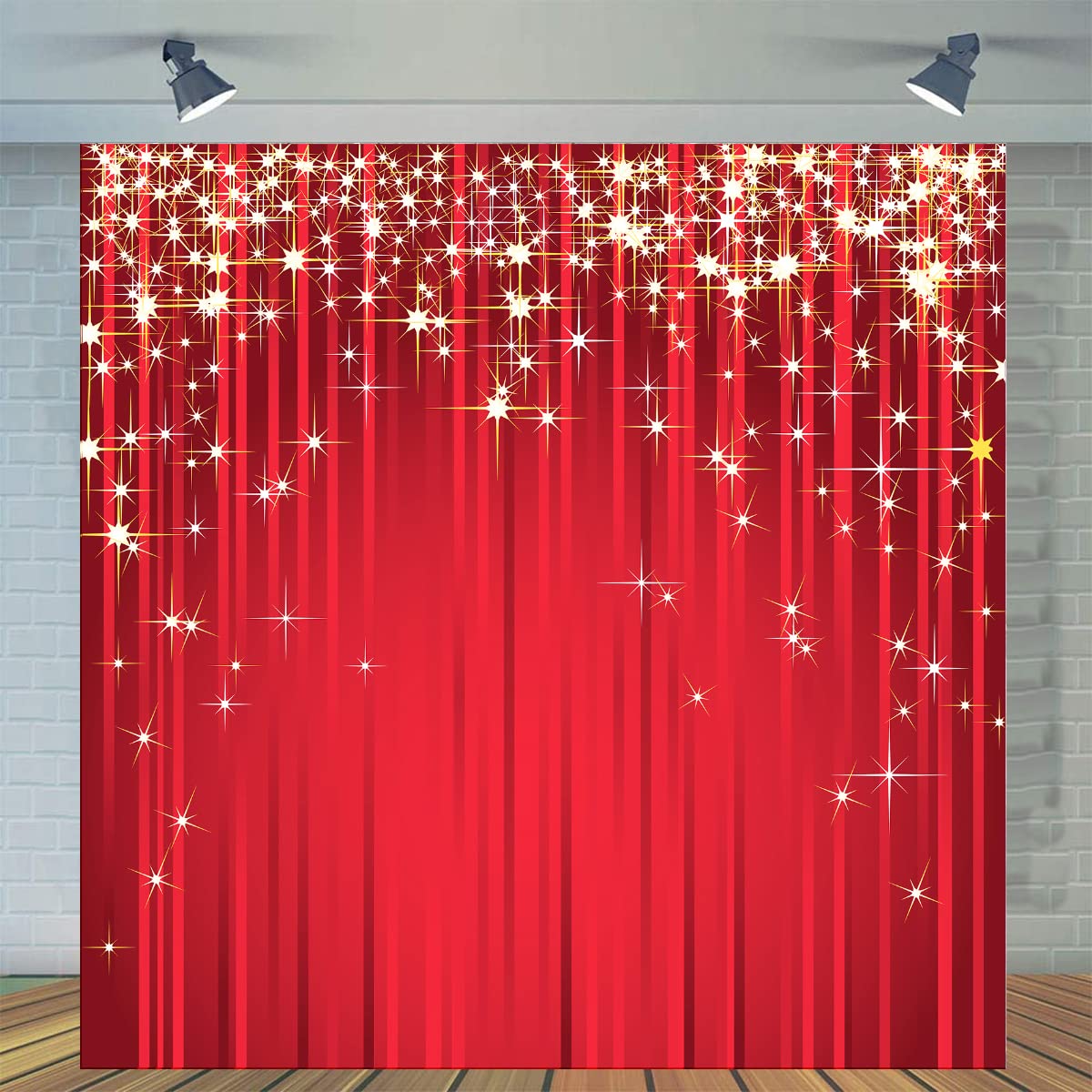 Sensfun 8x8ft Red Golden Starry Backdrop for Portrait Photography Glitter Gold Star Red Stripe Background Photobooth Banner Wedding Birthday Party Kids Newborn Photo Studio Props(WP019)