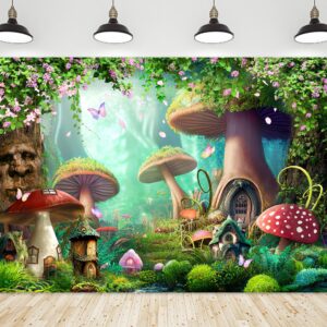 riyidecor enchanted backdrop polyester fabric mushroom fairy tale wonderland green tree fantasy garden flower butterfly 7wx5h feet girls woman bday photography background photo studio shoot