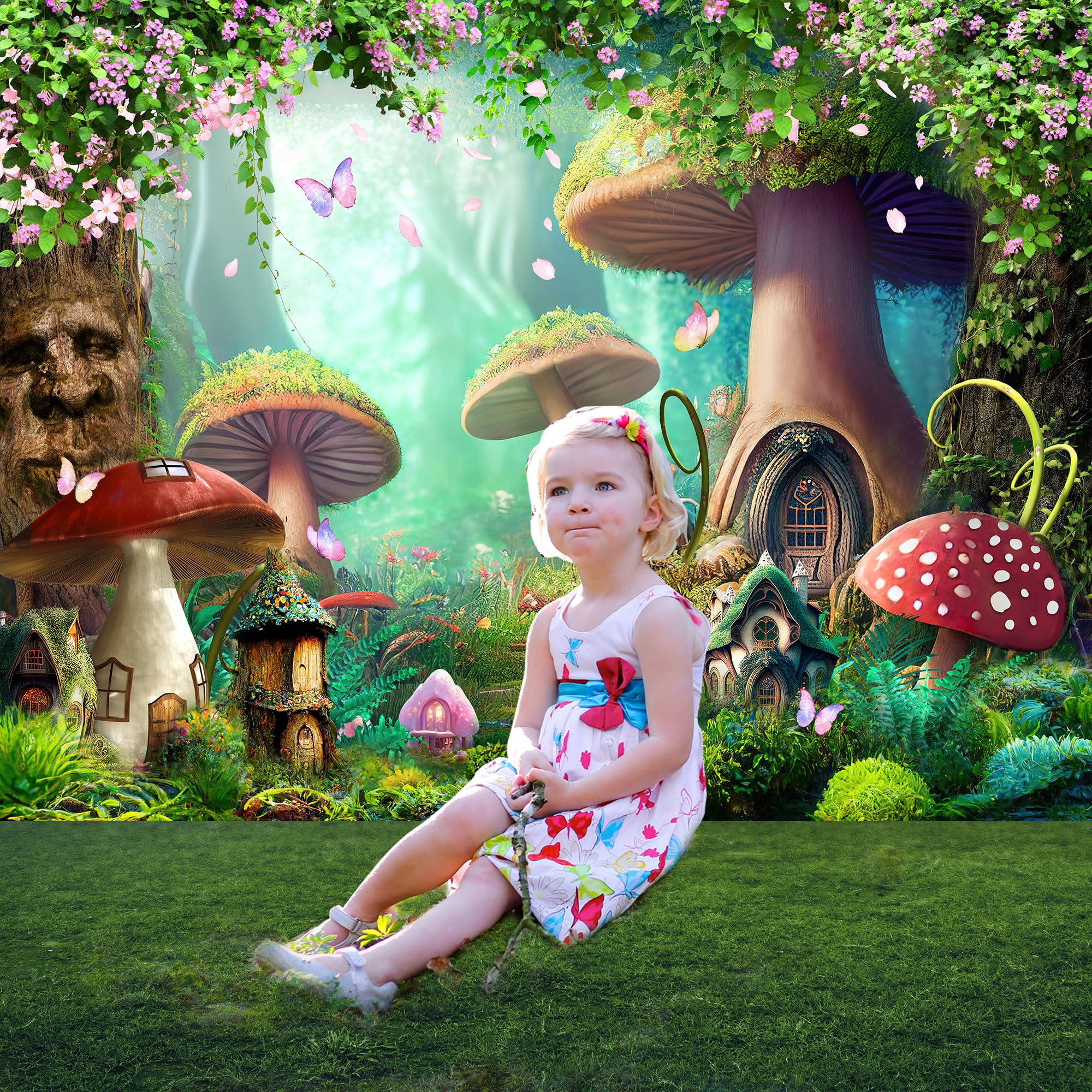 Riyidecor Enchanted Backdrop Polyester Fabric Mushroom Fairy Tale Wonderland Green Tree Fantasy Garden Flower Butterfly 7Wx5H Feet Girls Woman Bday Photography Background Photo Studio Shoot