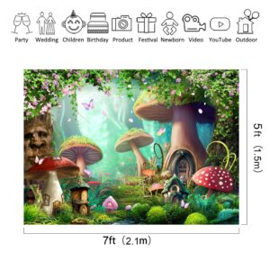 Riyidecor Enchanted Backdrop Polyester Fabric Mushroom Fairy Tale Wonderland Green Tree Fantasy Garden Flower Butterfly 7Wx5H Feet Girls Woman Bday Photography Background Photo Studio Shoot