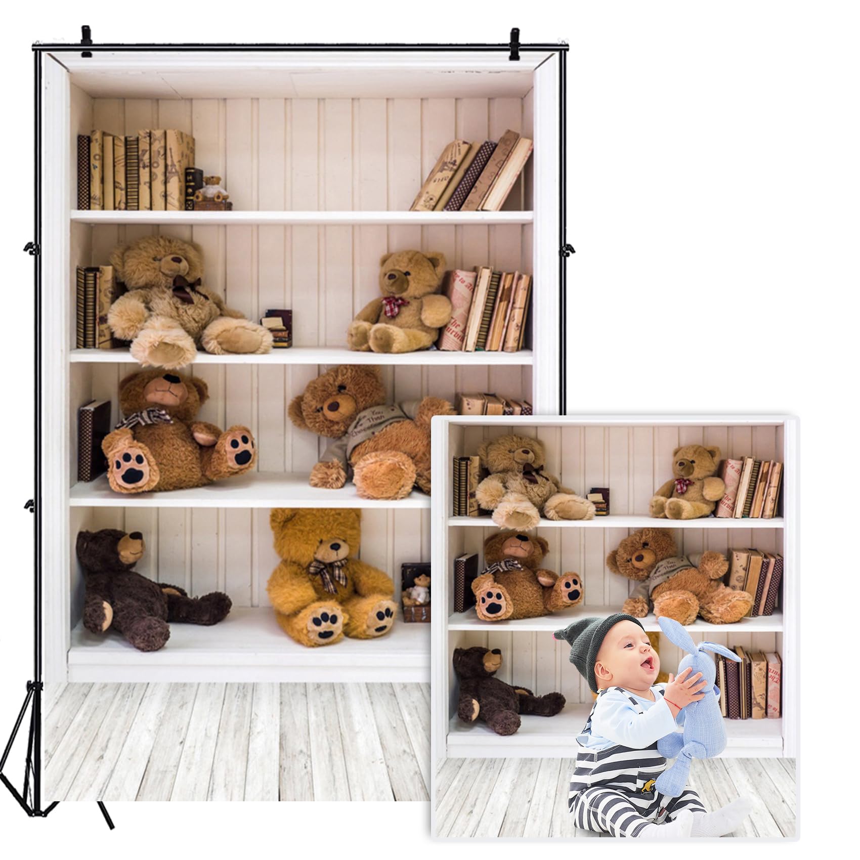 AOFOTO 3x5ft Bookcase and Toy Bears Background Bookshelf Photography Backdrop Kid Baby Child Infant Boy Girl Portrait Photoshoot Studio Props Video Drape Seamless Wallpaper