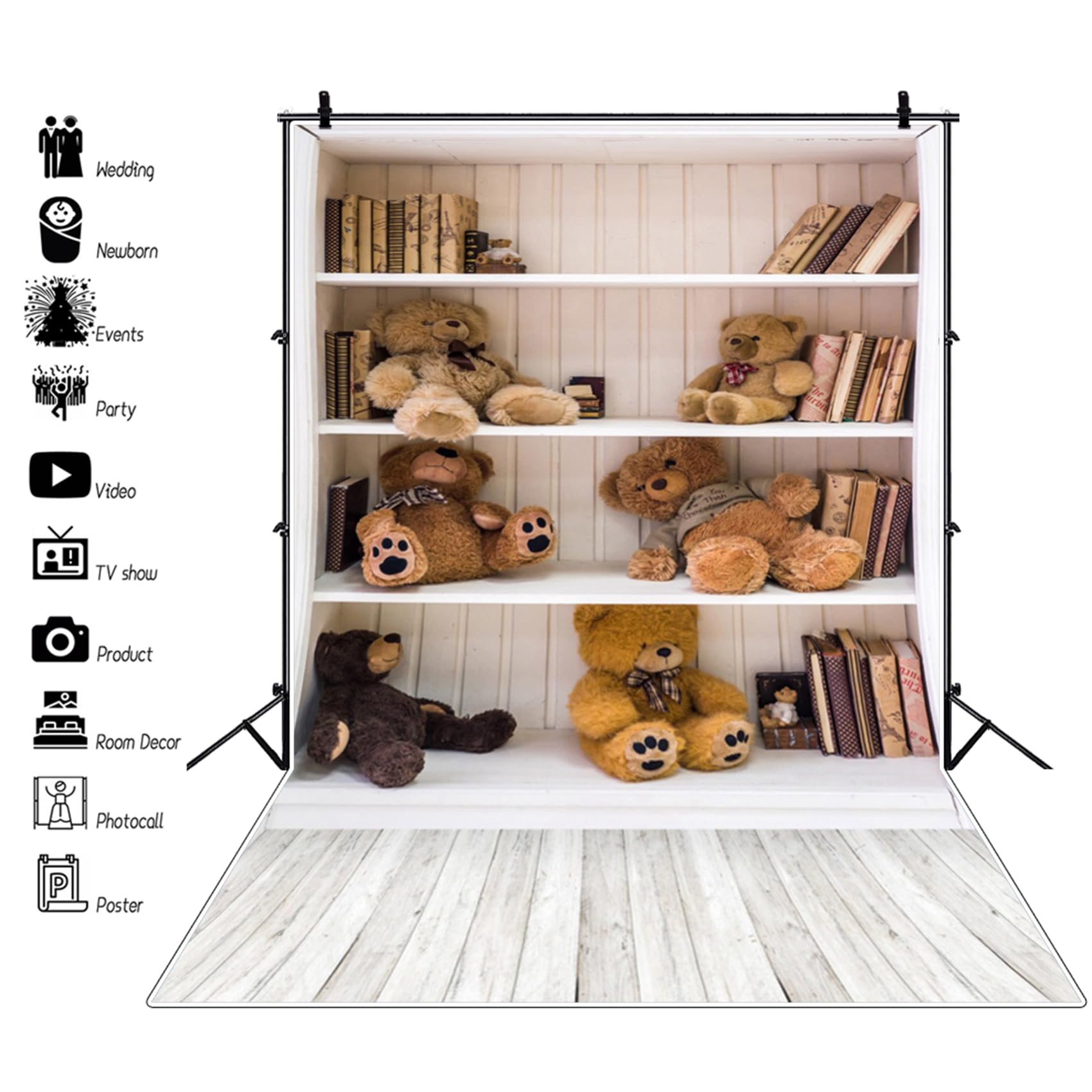 AOFOTO 3x5ft Bookcase and Toy Bears Background Bookshelf Photography Backdrop Kid Baby Child Infant Boy Girl Portrait Photoshoot Studio Props Video Drape Seamless Wallpaper