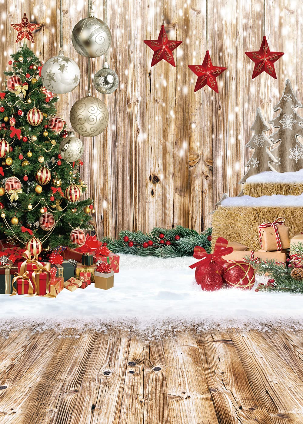 Dudaacvt 5x7Ft Vintage Wooden Floor Backdrop Christmas Tree Snow Gift New Year Party Background D647