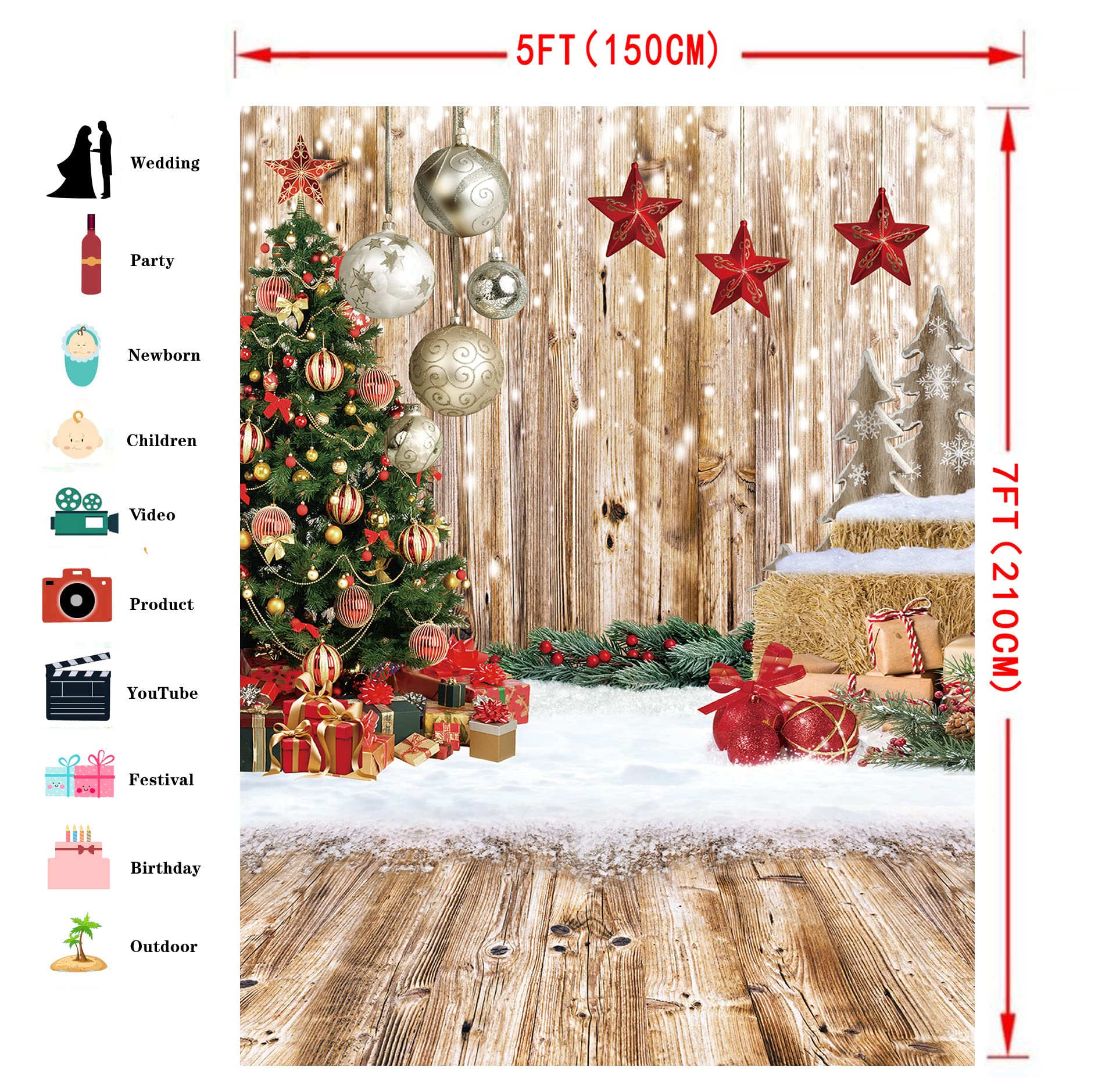 Dudaacvt 5x7Ft Vintage Wooden Floor Backdrop Christmas Tree Snow Gift New Year Party Background D647