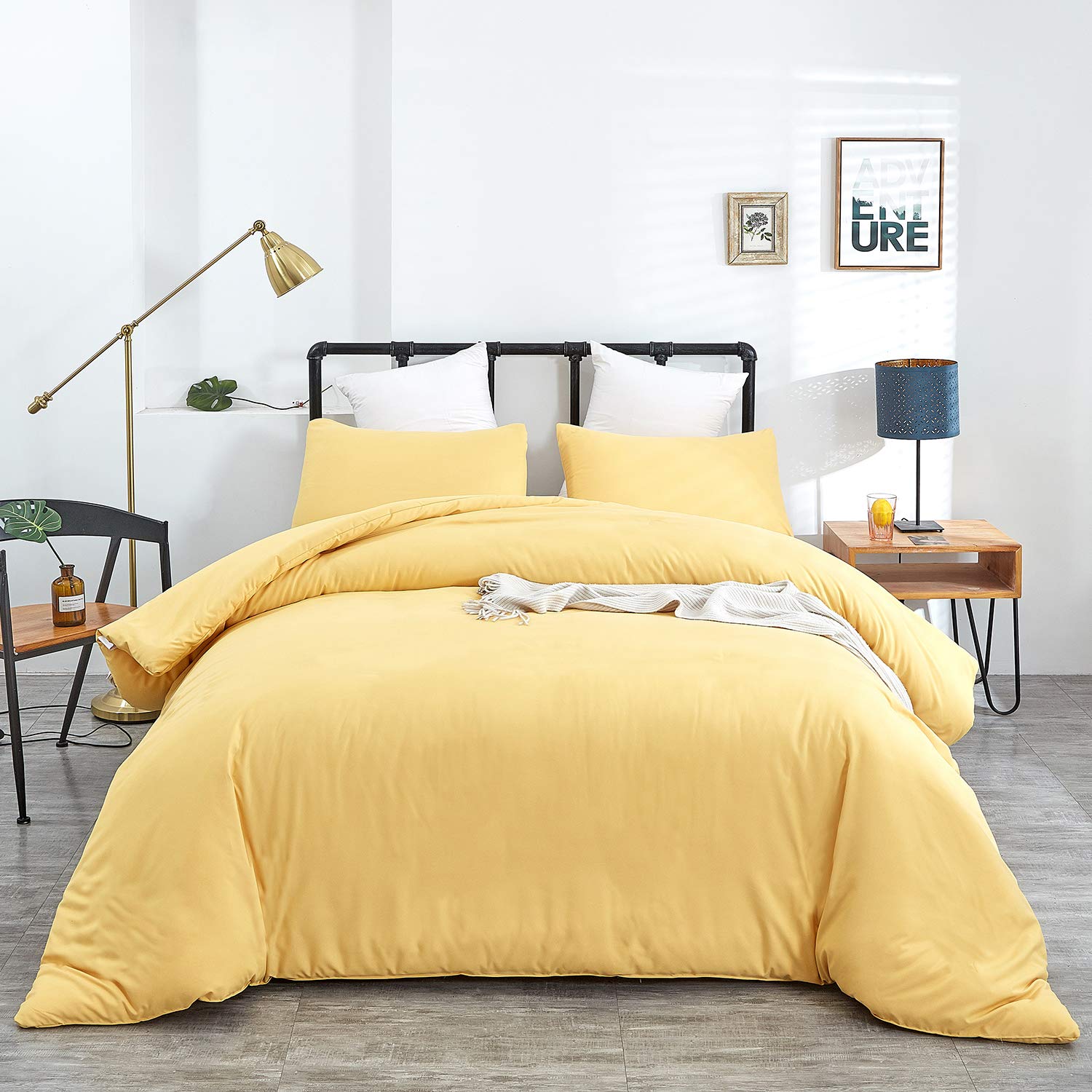 Wellboo Yellow Comforter Sets Queen Solid Yellow Bedding Comforter Sets Cotton Plain Bright Yellow Bed Comforters Queen Size Modern Pure Light Yellow Dorm Quilts Soft Health Blanket Warm Fresh Bed