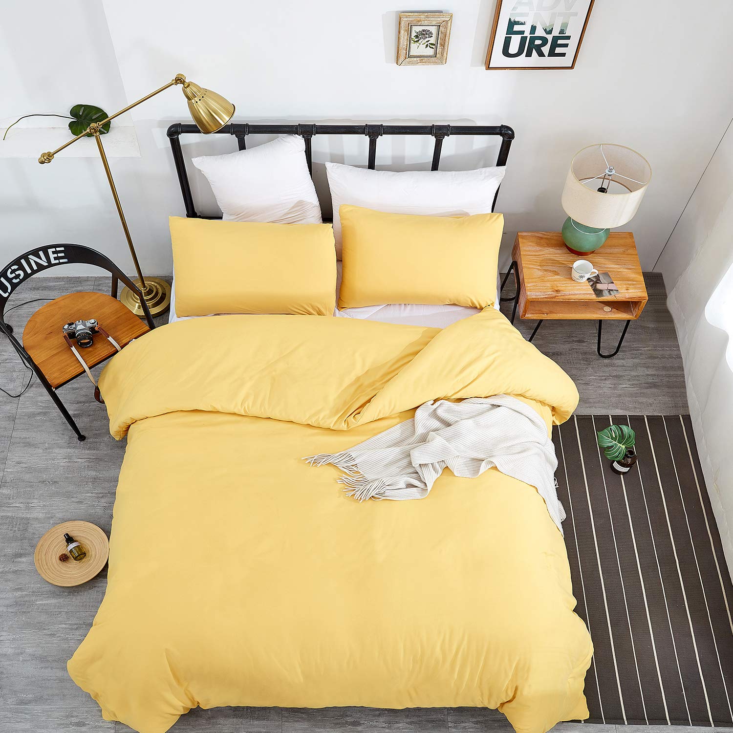 Wellboo Yellow Comforter Sets Queen Solid Yellow Bedding Comforter Sets Cotton Plain Bright Yellow Bed Comforters Queen Size Modern Pure Light Yellow Dorm Quilts Soft Health Blanket Warm Fresh Bed