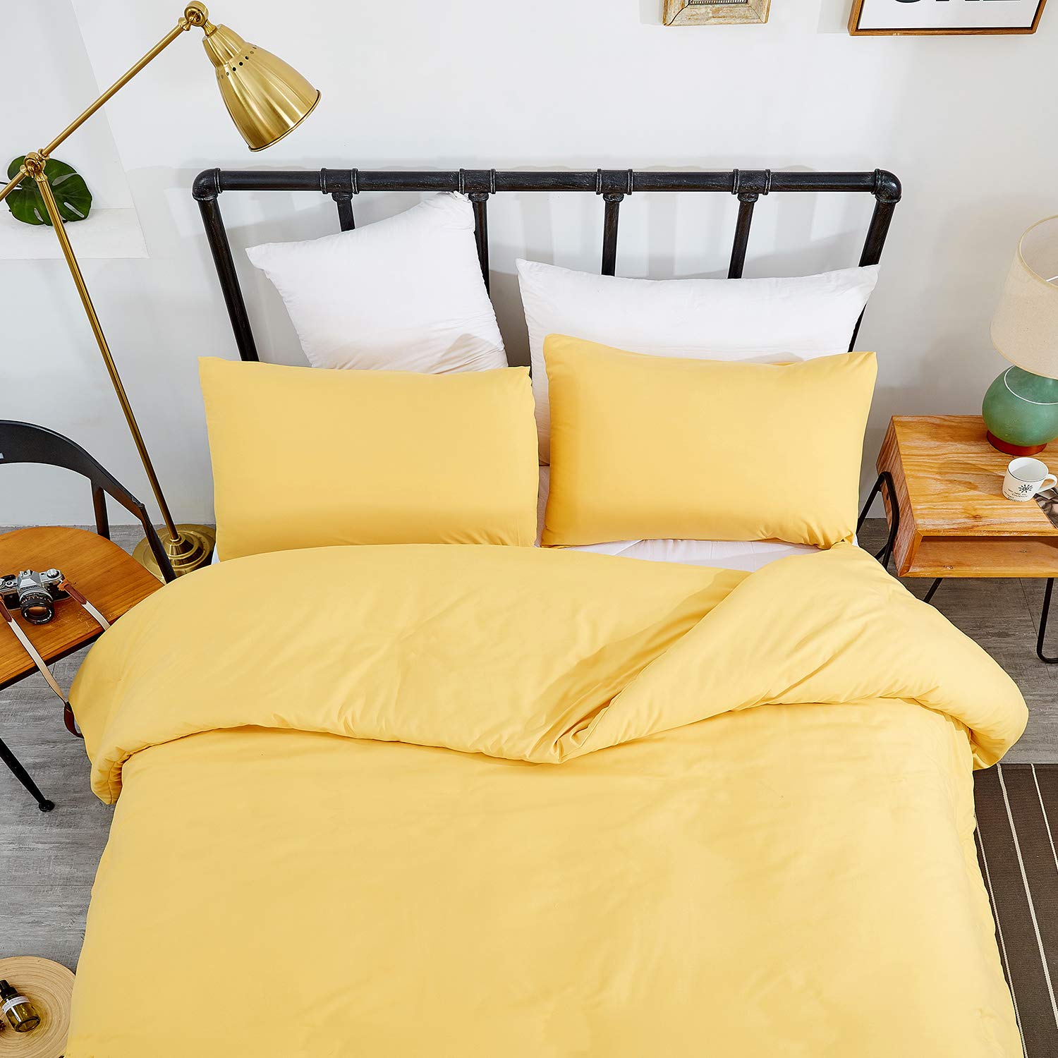 Wellboo Yellow Comforter Sets Queen Solid Yellow Bedding Comforter Sets Cotton Plain Bright Yellow Bed Comforters Queen Size Modern Pure Light Yellow Dorm Quilts Soft Health Blanket Warm Fresh Bed