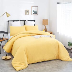 Wellboo Yellow Comforter Sets Queen Solid Yellow Bedding Comforter Sets Cotton Plain Bright Yellow Bed Comforters Queen Size Modern Pure Light Yellow Dorm Quilts Soft Health Blanket Warm Fresh Bed