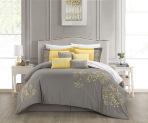 chic home 8-piece embroidery comforter set, queen, pink floral yellow