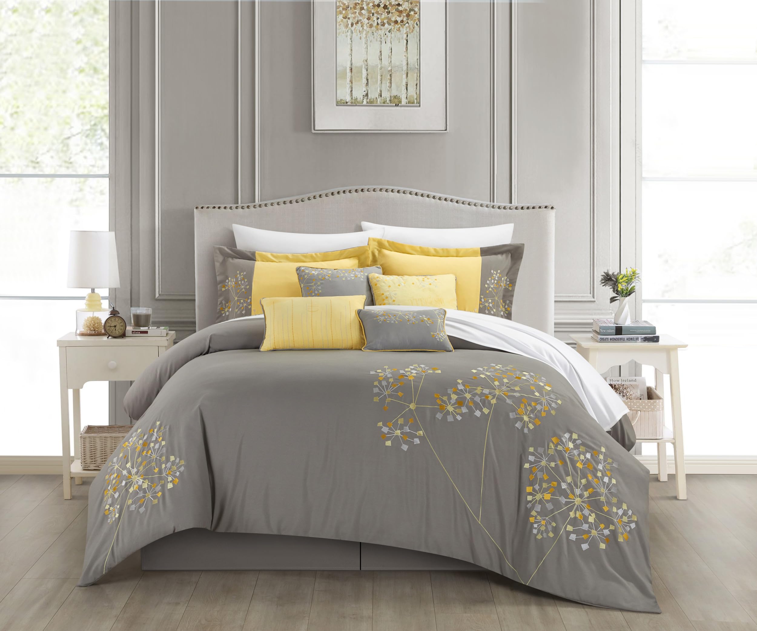 Chic Home 8-Piece Embroidery Comforter Set, Queen, Pink Floral Yellow