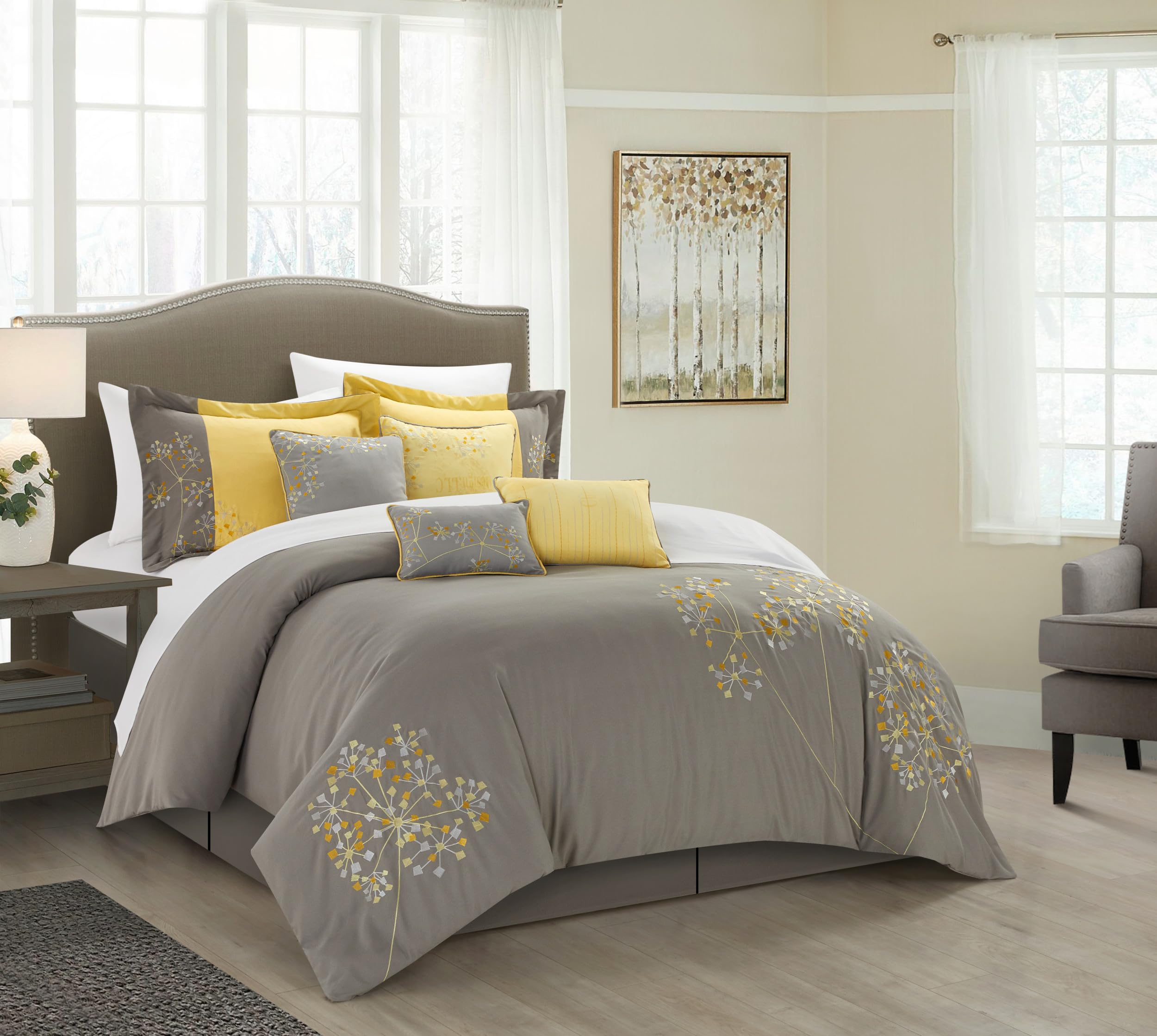 Chic Home 8-Piece Embroidery Comforter Set, Queen, Pink Floral Yellow