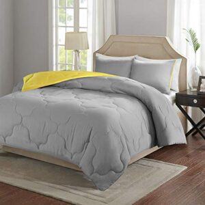 comfort spaces vixie reversible comforter set - trendy casual geometric quilted cover, all season down alternative cozy bedding, matching sham, grey/yellow, twin/twin xl 2 piece