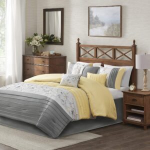 madison park serene faux silk comforter set - floral embroidery design, all season bedding set, matching bed skirt, decorative pillows, yellow queen(90"x90") 7 piece