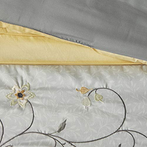 Madison Park Serene Faux Silk Comforter Set - Floral Embroidery Design, All Season Bedding Set, Matching Bed Skirt, Decorative Pillows, Yellow Queen(90"x90") 7 Piece