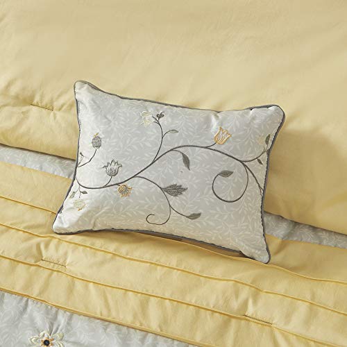 Madison Park Serene Faux Silk Comforter Set - Floral Embroidery Design, All Season Bedding Set, Matching Bed Skirt, Decorative Pillows, Yellow Queen(90"x90") 7 Piece