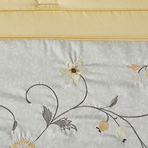 Madison Park Serene Faux Silk Comforter Set - Floral Embroidery Design, All Season Bedding Set, Matching Bed Skirt, Decorative Pillows, Yellow Queen(90"x90") 7 Piece