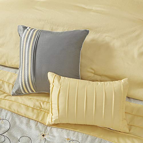 Madison Park Serene Faux Silk Comforter Set - Floral Embroidery Design, All Season Bedding Set, Matching Bed Skirt, Decorative Pillows, Yellow Queen(90"x90") 7 Piece