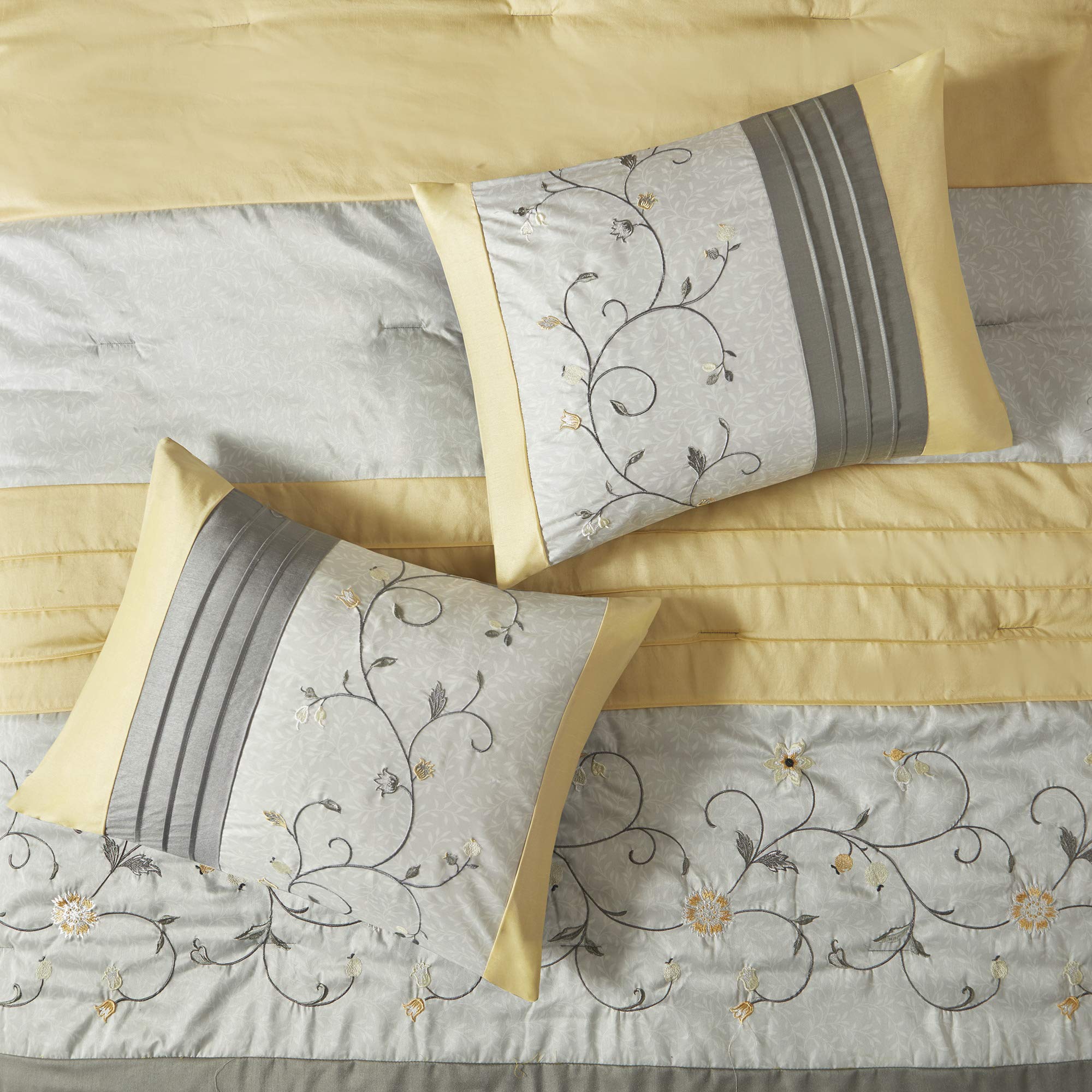 Madison Park Serene Faux Silk Comforter Set - Floral Embroidery Design, All Season Bedding Set, Matching Bed Skirt, Decorative Pillows, Yellow Queen(90"x90") 7 Piece