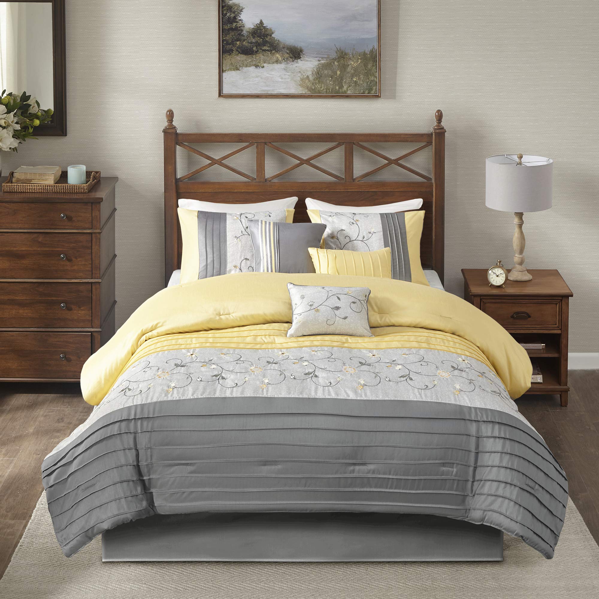 Madison Park Serene Faux Silk Comforter Set - Floral Embroidery Design, All Season Bedding Set, Matching Bed Skirt, Decorative Pillows, Yellow Queen(90"x90") 7 Piece