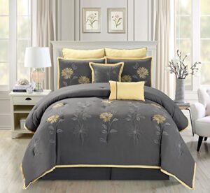 grand linen 7 piece modern oversize grey with yellow sunflower embroidered comforter set queen size bedding