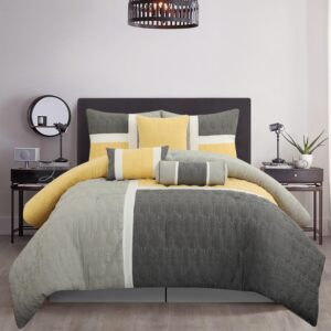 grand avenue grey yellow comforter set queen size, 7 piece quilting soft bedding set, all season, matching shams, bedskirt, decorative pillows