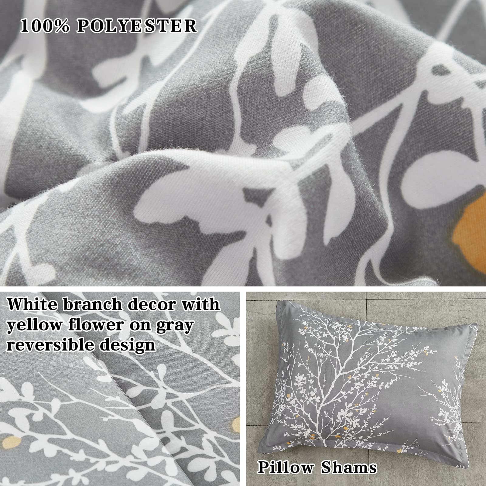 Flysheep Gray Comforter Set Queen Size, Branch with Yellow Flower on Grey and White Reversible Modern Bedding Set, Ultra Soft Microfiber for All Season