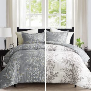 Flysheep Gray Comforter Set Queen Size, Branch with Yellow Flower on Grey and White Reversible Modern Bedding Set, Ultra Soft Microfiber for All Season