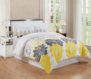 4-piece king size comforter set fine printed lightweight down alternative filled soft all seasons bedding in sunshine yellow, white and grey colors and layered floral pattern.