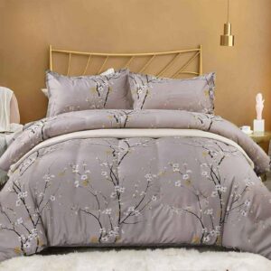 nanko queen size comforter set, grey pastel floral print soft microfiber bedding - all season quilted comforter with 2 pillowshams - farmhouse bed set for women men 3pc 88 x 90 inch, gray flower