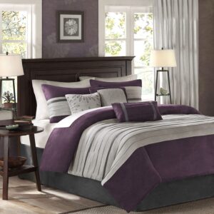 madison park palmer comforter set - faux suede design, striped accent, all season down alternative bedding, matching shams, decorative pillow, bed skirt, king (104 in x 92 in), purple 7 piece