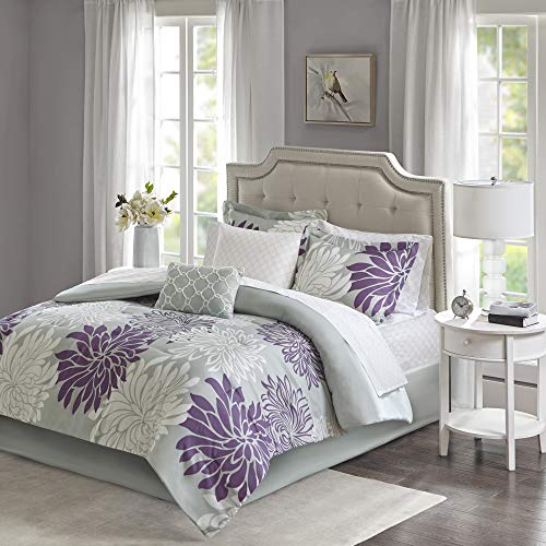 Madison Park Essentials Maible Cozy Bed in A Bag Comforter with Complete Cotton Sheet Set - Floral Medallion Damask Design, All Season Cover, Decorative Pillow, Queen(90"x90"), Floral Purple 9 Piece