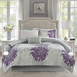 Madison Park Essentials Maible Cozy Bed in A Bag Comforter with Complete Cotton Sheet Set - Floral Medallion Damask Design, All Season Cover, Decorative Pillow, Queen(90"x90"), Floral Purple 9 Piece