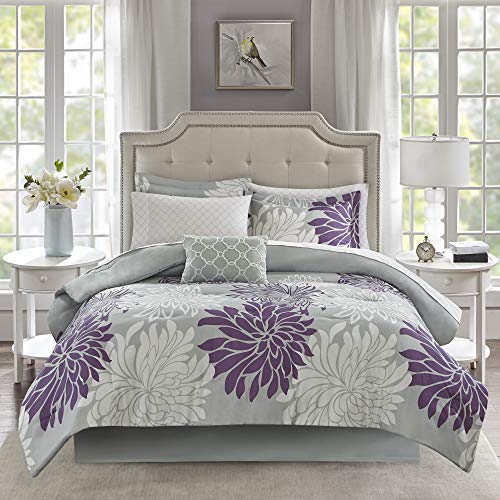 Madison Park Essentials Maible Cozy Bed in A Bag Comforter with Complete Cotton Sheet Set - Floral Medallion Damask Design, All Season Cover, Decorative Pillow, Queen(90"x90"), Floral Purple 9 Piece